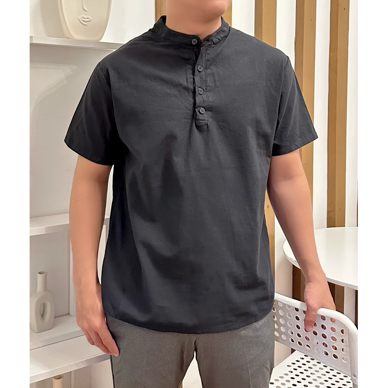 4 Buttons Chinese Collar Polo Casual Formal Unisex Linen Fabric ...