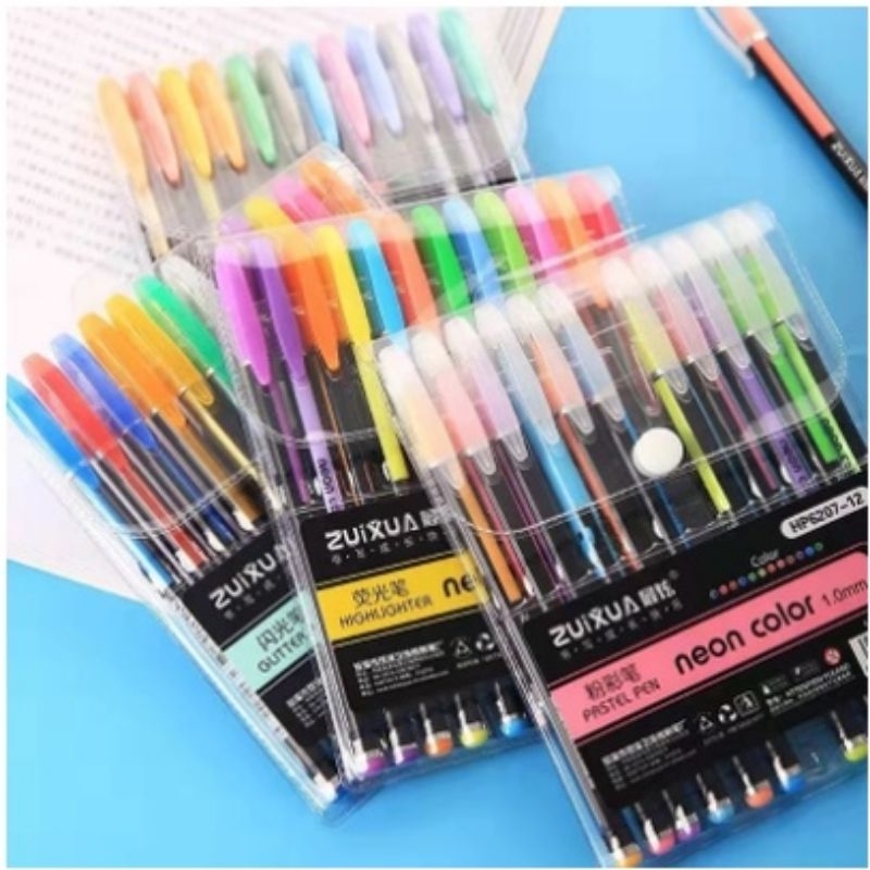 12 Colors Pen Student Plastic Ballpoint Pen Gel Pen Sets (Glitter ...