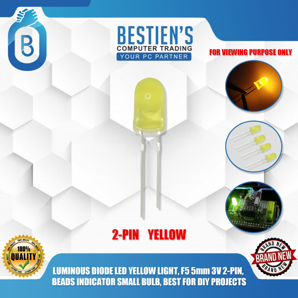 LUMINOUS DIODE LED YELLOW LIGHT, F5 5mm 3V 2-PIN, BEADS INDICATOR SMALL ...