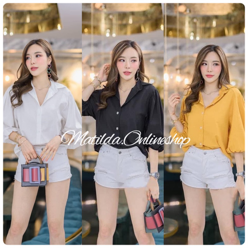 S-L MORI LINEN PUFFSLEEVES POLO TOP| matilda.clothing | Shopee Philippines