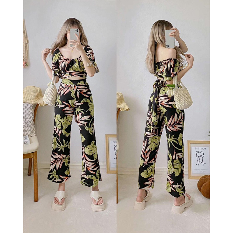 Nadia 2Way Off shoulder Puff Blouse Terno Wide Leg Pants Summer Terno ...