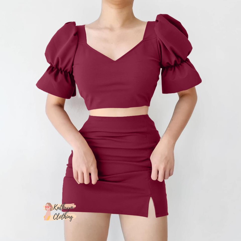 Kathryn Puff Sleeve Top And Skirt Terno 14015# | Shopee Philippines