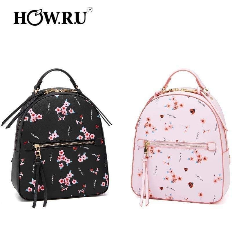 HOW R U BACKPACK NEW DESIGN PINK AND BLACK FLOWER MEDIUM SIZE | Shopee ...