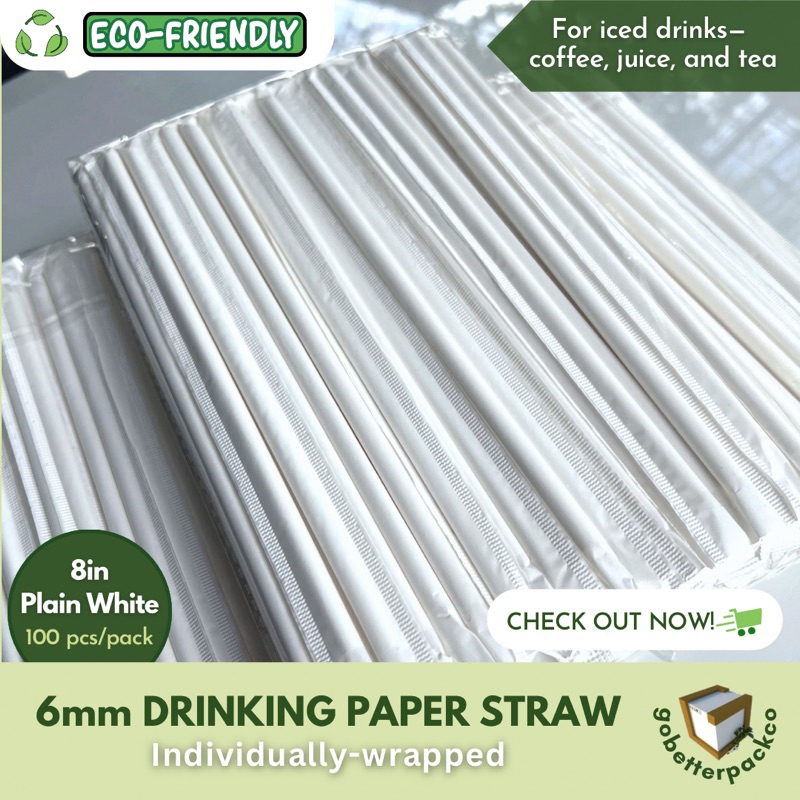 [100 pcs] 6mm Drinking Paper Straw - 8in Plain White (Individually ...