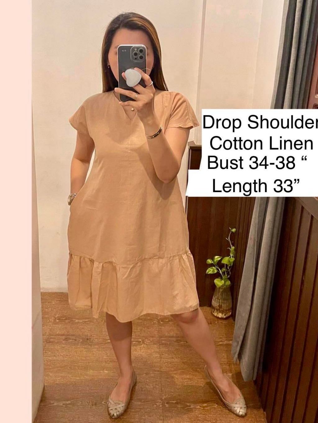 Drop Shoulder Sleeve V Neck Dress 2 Side Pockets M-XL Cotton Linen ...