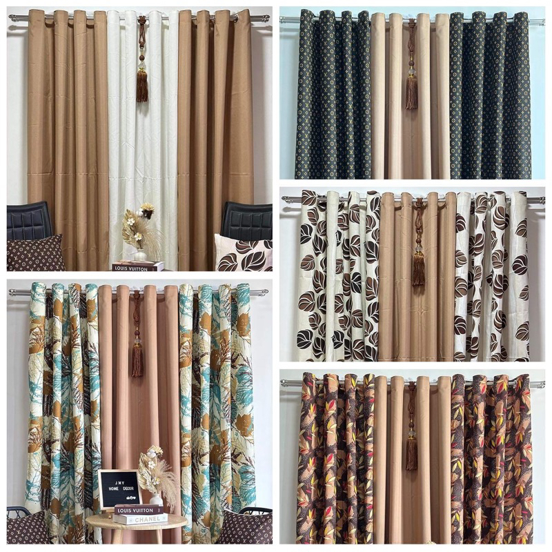 Brown Printed & Plain Ring Curtain- Sold per pc Cretona Makapal ...