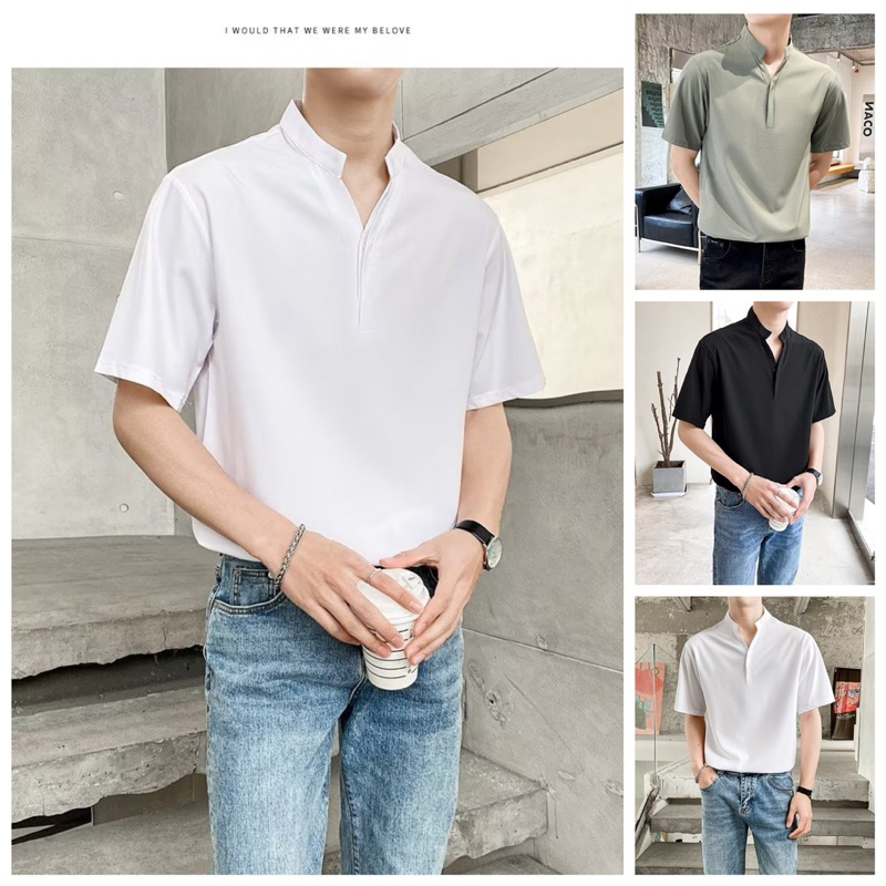 NP Men's Polo Stand-up Collar Short-sleeved Chino Shirt Trendy Style ...