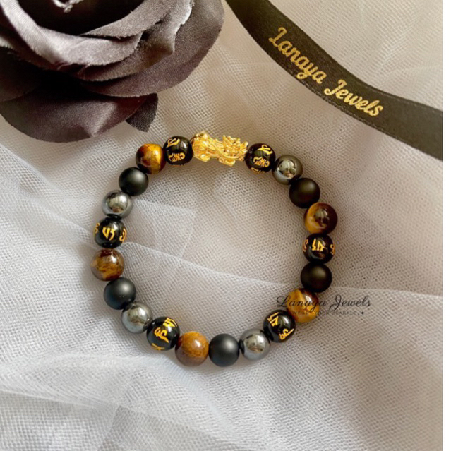 18K Gold PiYao in Tigers Eye, Black Onyx , Black Obsidian Mantra ...