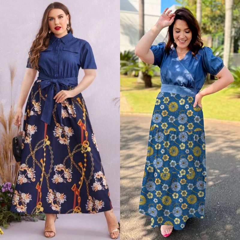 1517/ 259 A.M Polo Style Maxi PLUS size dress Denim (FIT TOXL) | Shopee ...