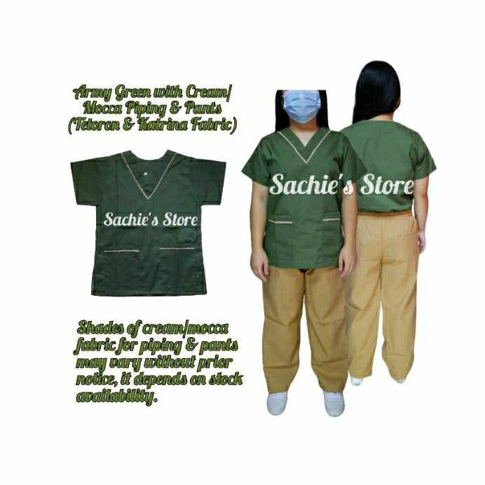 [Medical Uniform Unisex] Army Green w/Beige Piping Scrub Suit VNeck ...