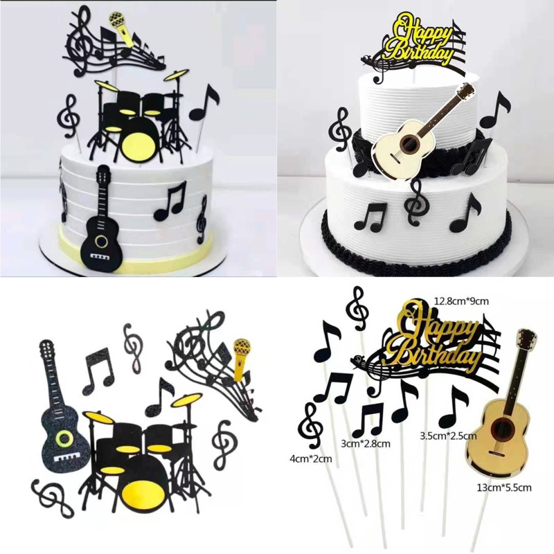 Music theme Happy birthday cake topper guitar drum noted baking props ...