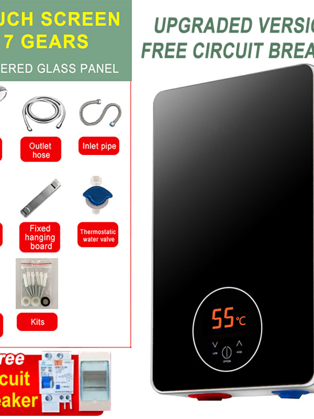 Instant Water Heater Shower Modern Electric LCD Touchscreen 6500W Hot ...