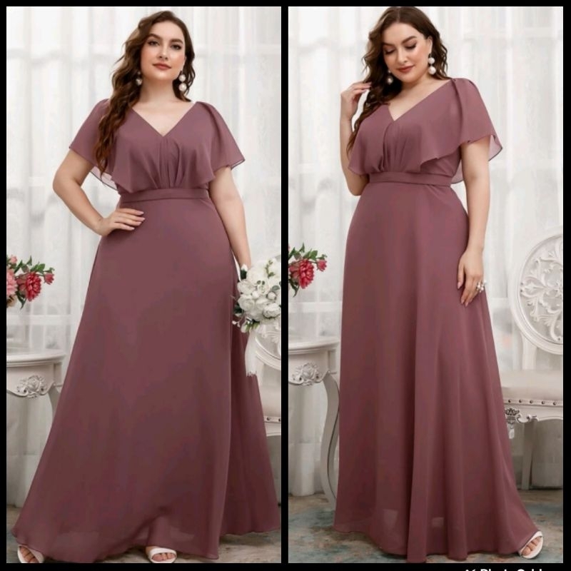 HQT FASHION #1568 ELEGANT PLUS SIZE PLAIN V NECK MAXI DRESS | Shopee ...