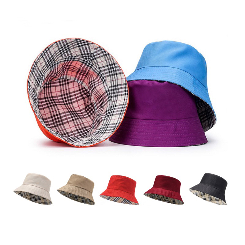 RAINBOWCO Plaid With Plain Bucket Hat Unisex Double-sided Fisherman ...