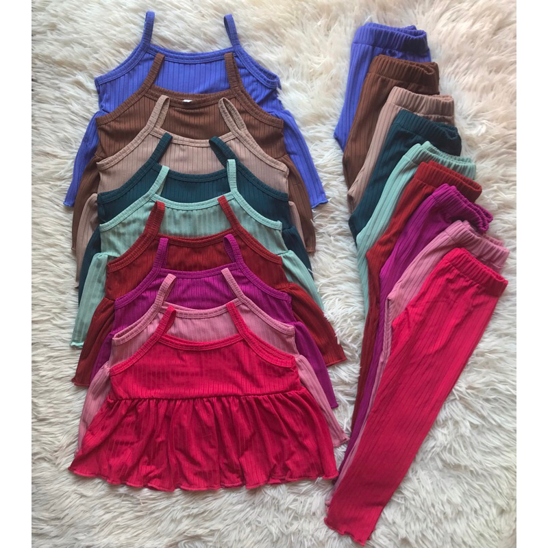 Cotton Knitted Chest Ruffle Spaghetti Strap and Leggings Terno | Shopee ...
