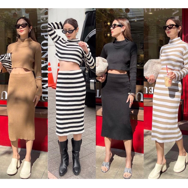Onlyfashion Stripe Longsleeve Terno Knitted Skirt 7333 Shopee 2080