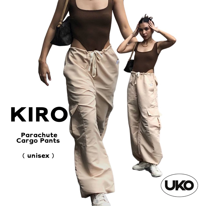 KIRO Unisex String Parachute Cargo Pants Baggy Style by UKIYO (Beige) | Shopee Philippines