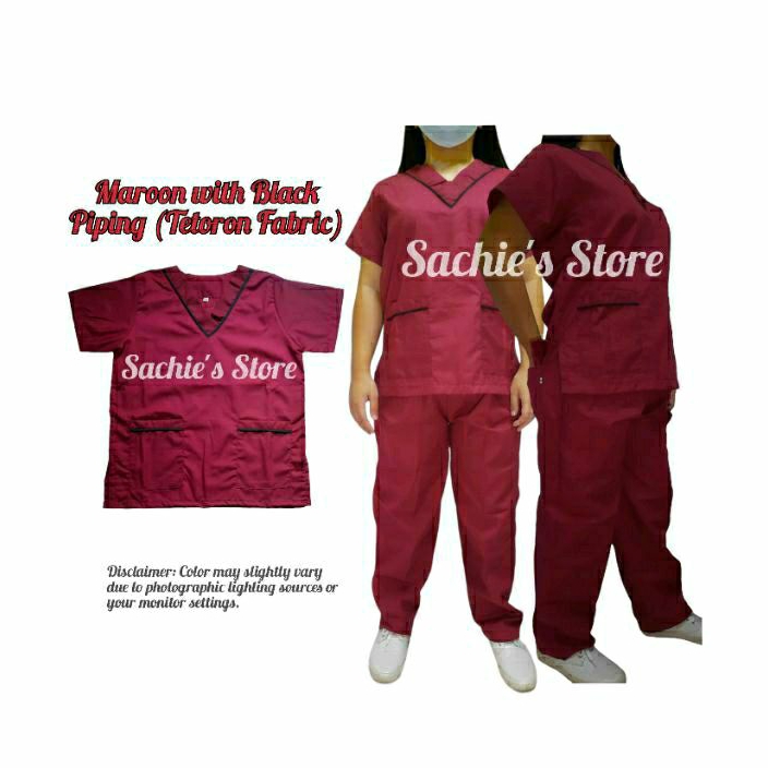 [Medical Uniform Unisex] Maroon with Black Piping Scrub Suit VNeck ...
