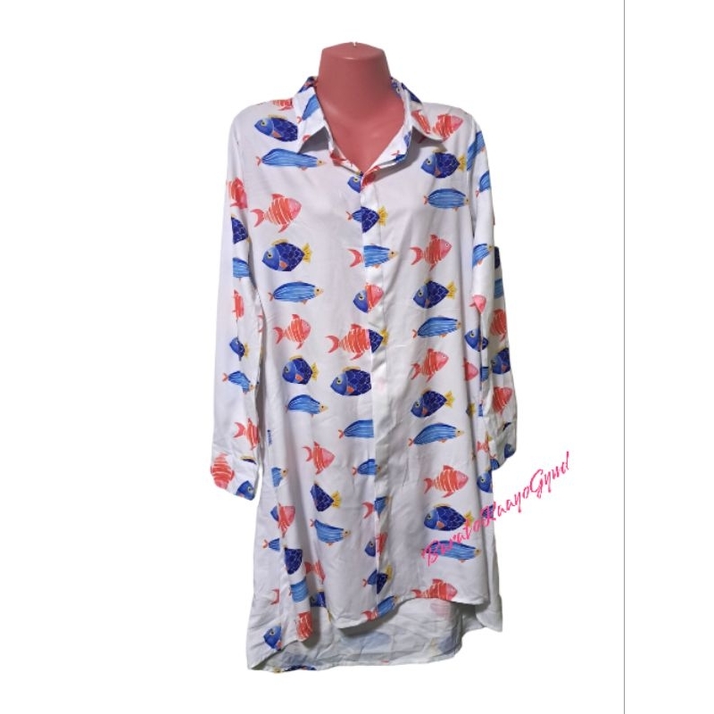 PRINTED COLLAR DRESS FISH SEA BEACH DESIGN | Shopee Philippines