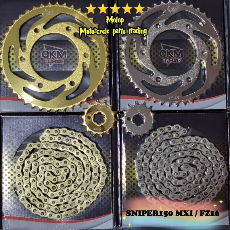 OKM RACING CHAIN & SPROCKET SET (SNIPER150 MXI & FZ16) AVAILABLE CHROME ...
