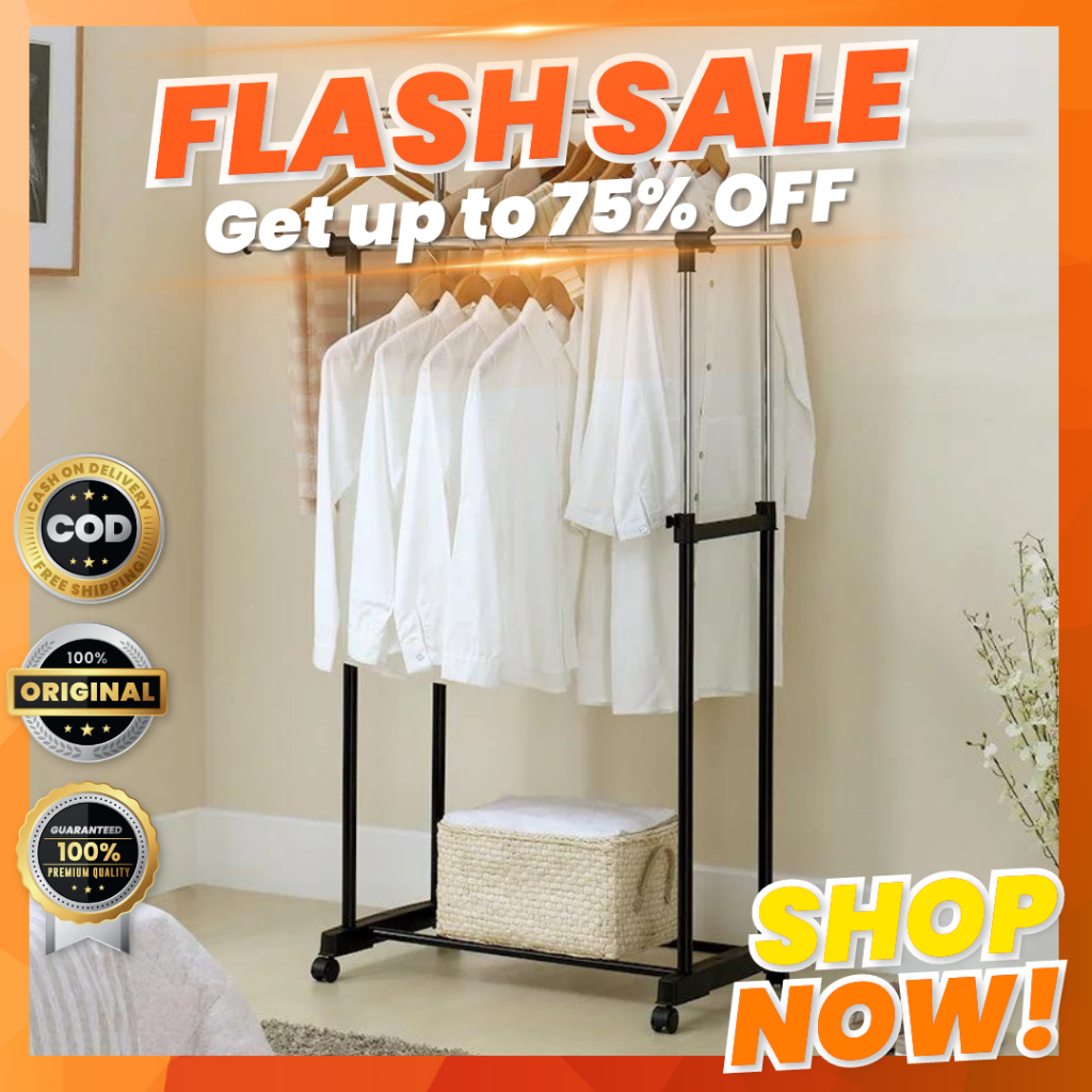 Original Adjustable Double Rail Garment Rack With Shoes Shelf on Wheels ...