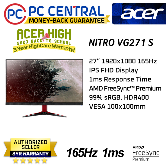 Acer Nitro Vg0 Vg271s 27" Full Hd Gaming Monitor 144hz (Up To 165hz ...