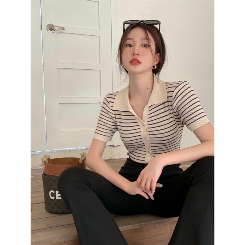 Jolly Chic Button-up Stripe Polo Neck Knitted Top M1049 | Shopee ...