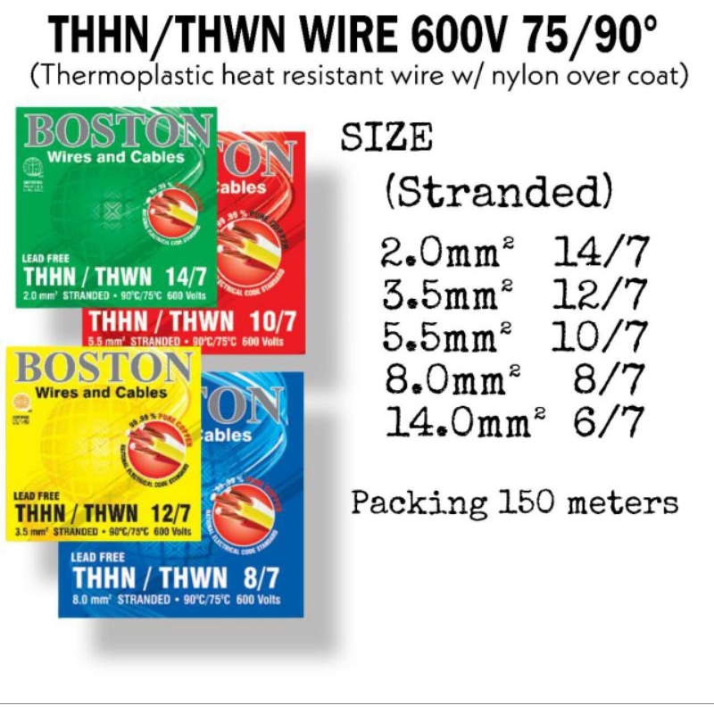 THHN/THWN WIRE 600V 75/90°C - 14/7, 12/7, 10/7, 8/7, 6/7 / 150 meters ...