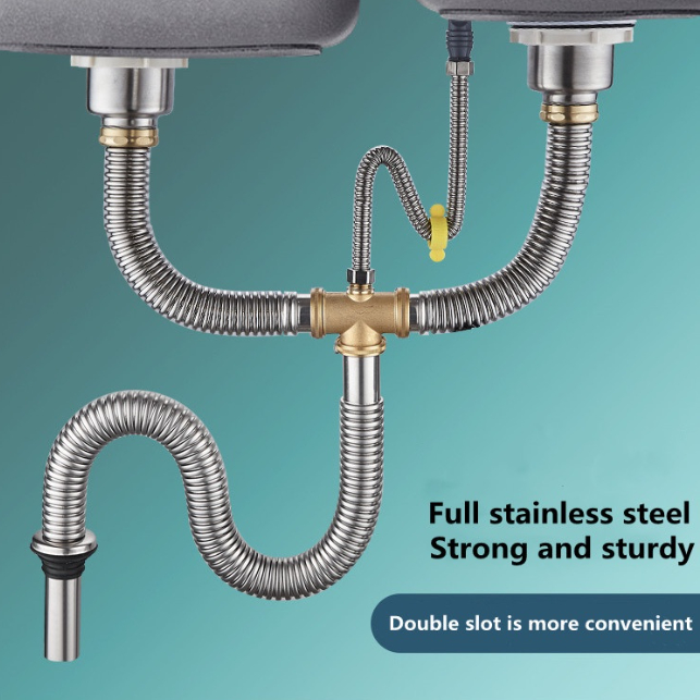 LONGKE double sink sewer pipe set stainless steel kitchen filter drain ...