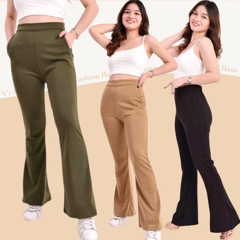 Korean Trends Casual Outfit Flare Type Glossy Cotton Trousers For Her ...