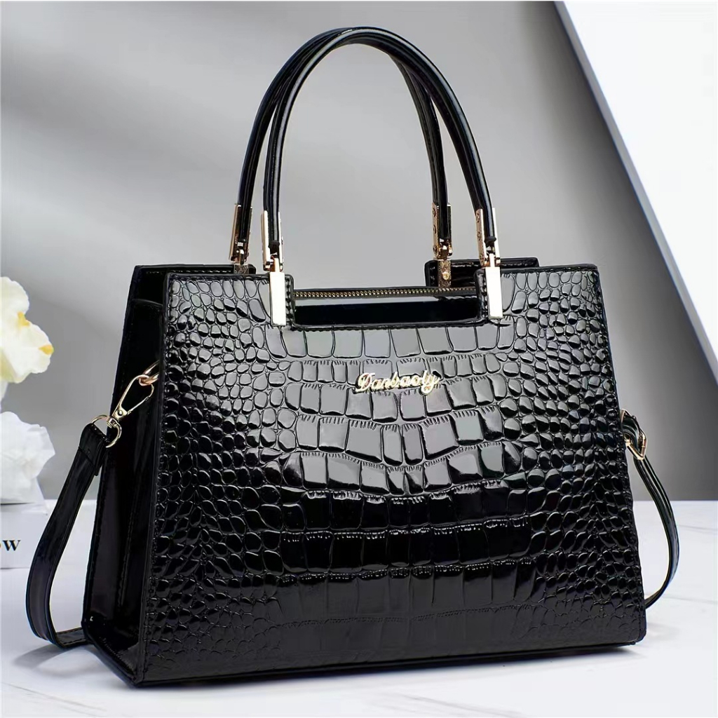 Crocodile Embossed Tote Bag, Patent Leather Solid Color Top Handle ...