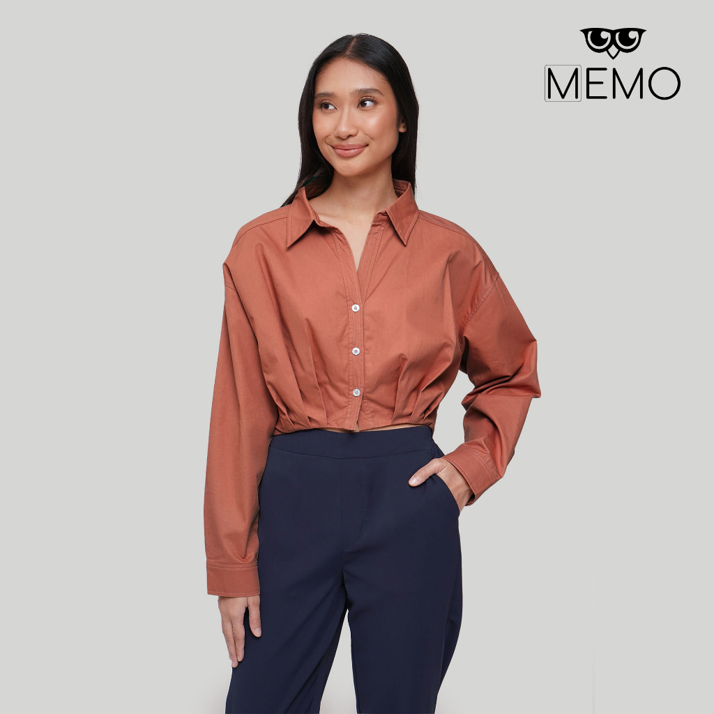Memo Shirt With Pleated Hem For Women (Dusty Pink/White) | Shopee ...