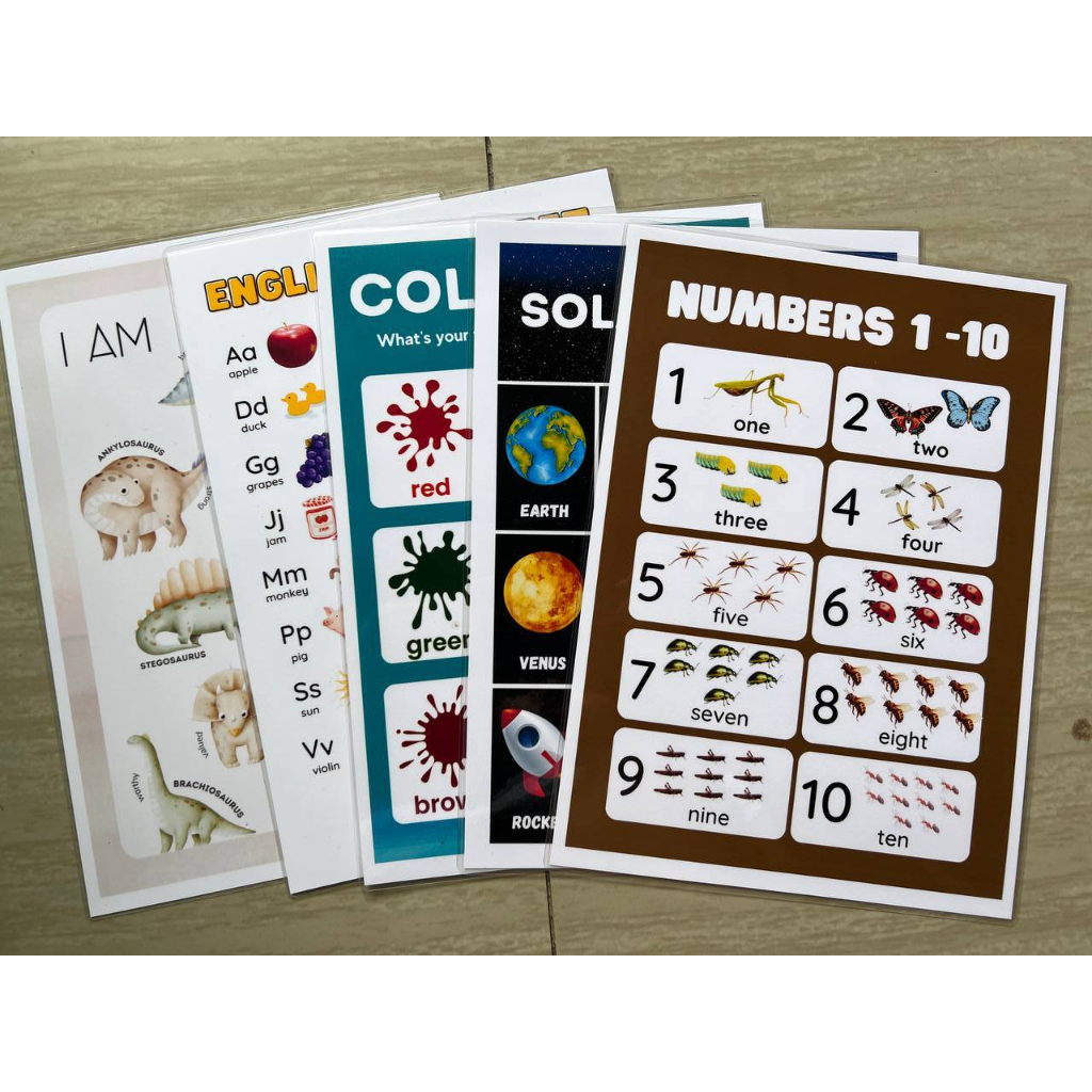 BUNDLE OF 5 Educational learning materials for kids Laminated A4 Size Chart THICK MAKAPAL ...