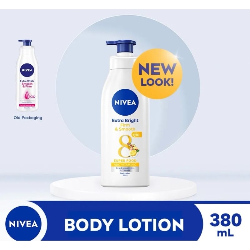 380ML NIVEA EXTRA BRIGHT FIRM&SMOOTH 8 SUPERFOOD with Q10 FIRMING BODY ...