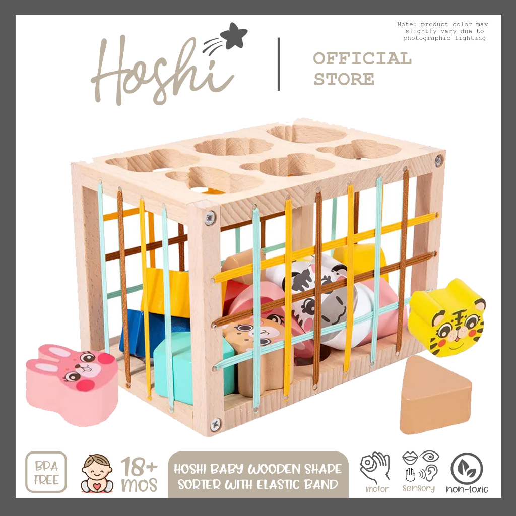 Hoshi Baby Wooden Shape Sorter with Elastic Band, Montessori Wooden ...