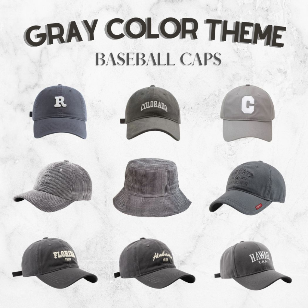 Gray Color Theme Cap/Hat Korean OOTD Cotton Unisex Baseball Caps & Hats ...