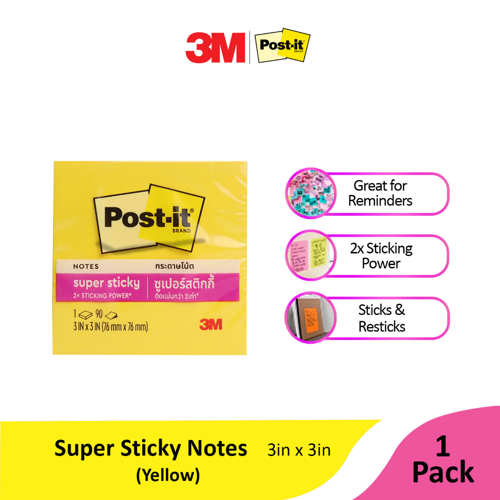 3M Post-it Super Sticky Notes Yellow 654-1SS 3in x 3in 90 Sheets ...