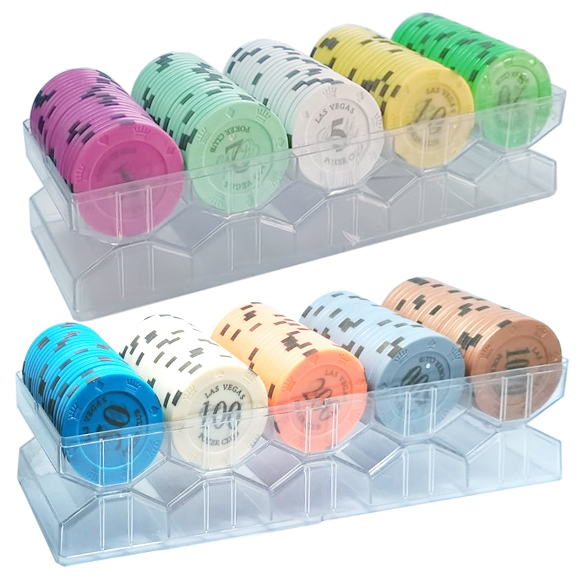 100 Pcs Plastic Stiped Rim Printed Poker Chips Set in Acrylic Clear Box ...