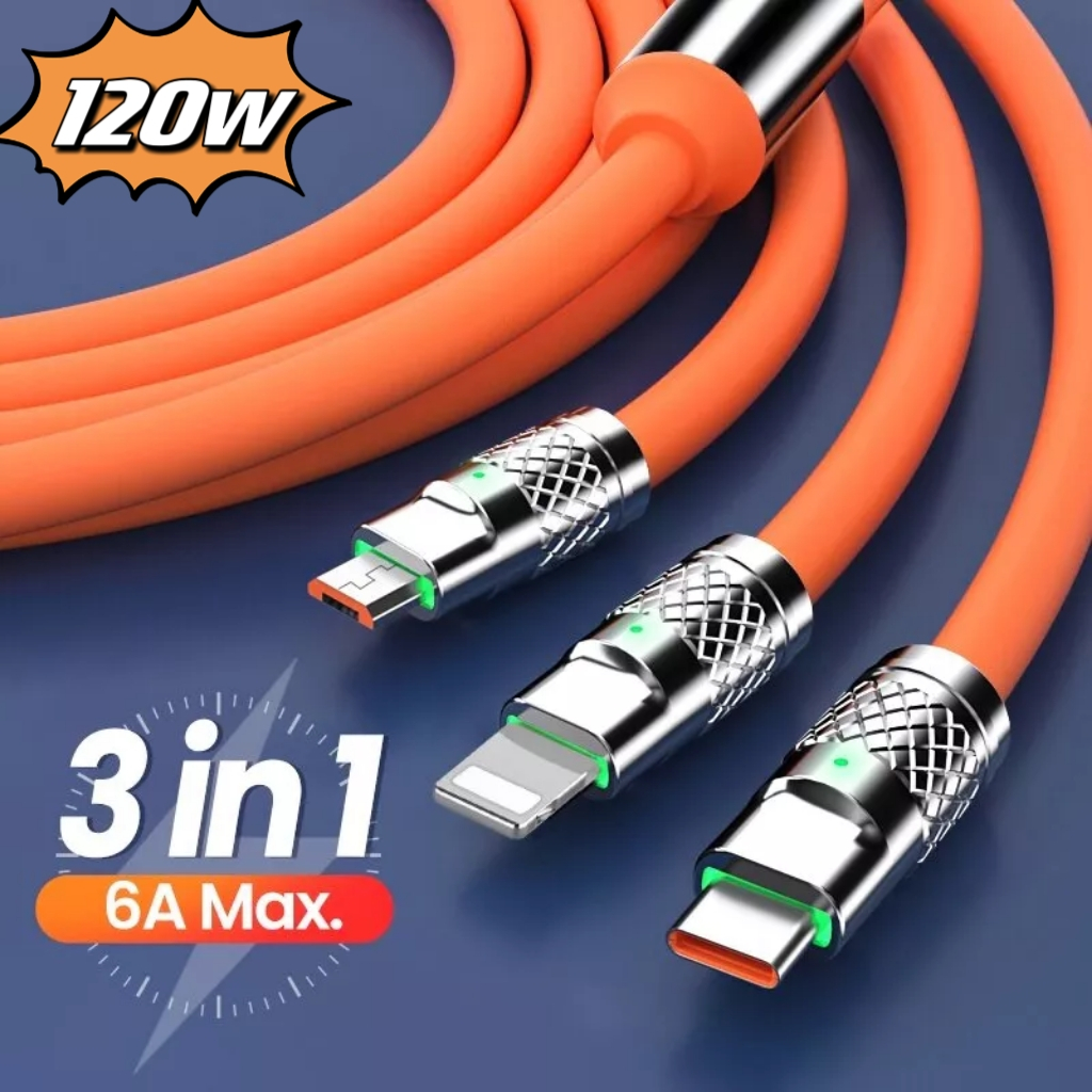 3 In 1 Fast Charging Cable 6A 120W Metal Liquid Silicone Type-C Micro ...