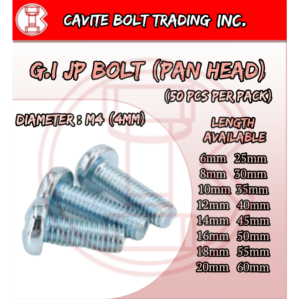 JP BOLT (G.I) PAN HEAD M4 (50pcs) | Shopee Philippines