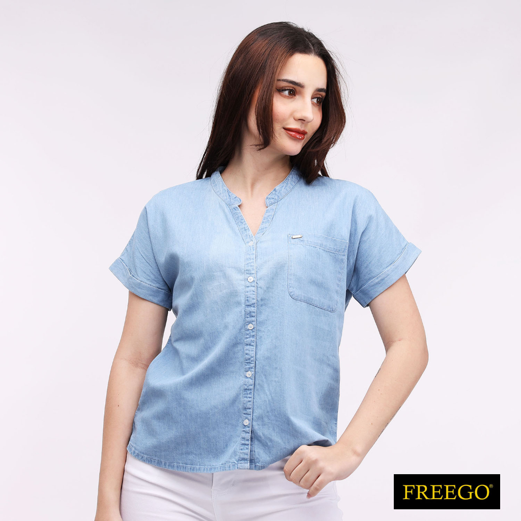 Freego Ladies Chambray Short Sleeve Blouse APT04-0034 | Shopee Philippines