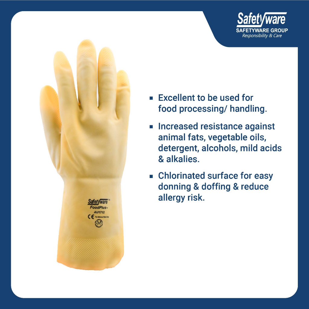 Safetyware Foodplus Chlorinated Unlined Natural Rubber Gloves AU1712 ...