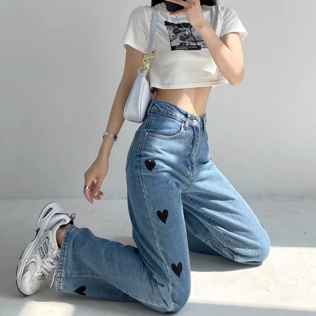 Embroidered heart wide-leg jeans For Women high-waist loose net red ...