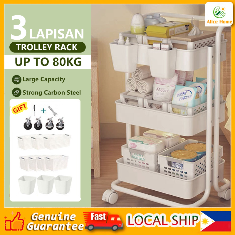 Trolley Cart Organizer 3 Tier Utility Cart with 7 Baskets and 3 Hanging ...