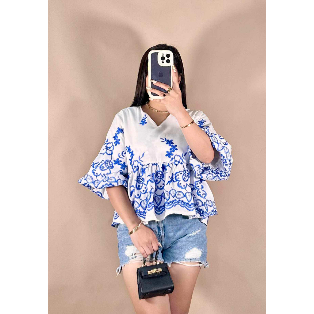 Eyelet Senepa Bubble Sleeve Blouse for Casual (top only) | Shopee ...