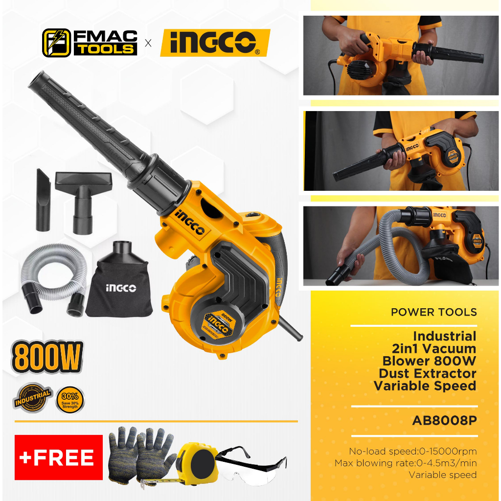 INGCO Industrial 2in1 Vacuum Blower 800W Dust Extractor Variable Speed ...