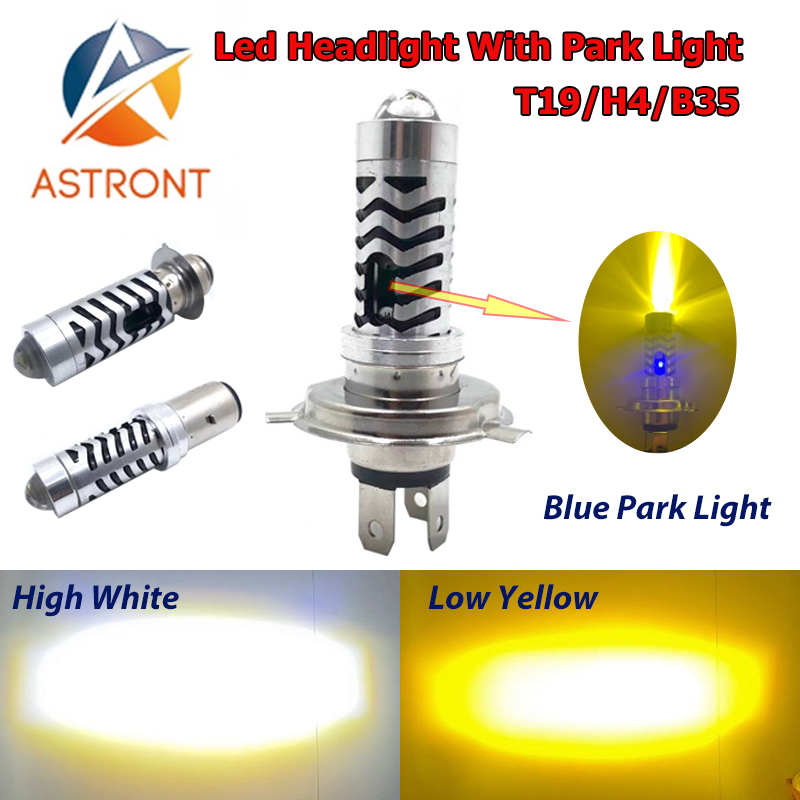 Motorcycle Headlight T19/H4/B35 LED Lights Bulb With Blue Parklight Universal Hi/Low White ...