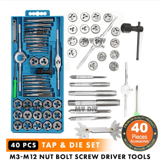 40Pcs/Set Metric Hand Tap Die Set M3-M12 Screw Thread Plugs Straight Taper Wrench Reamer Tools ...