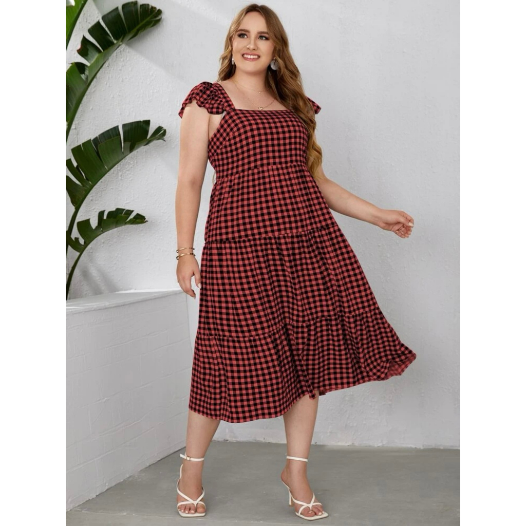 A3128 Miss Muse Square Neck Ruffle Sleeve Plaid Pattern Flounce Plus ...