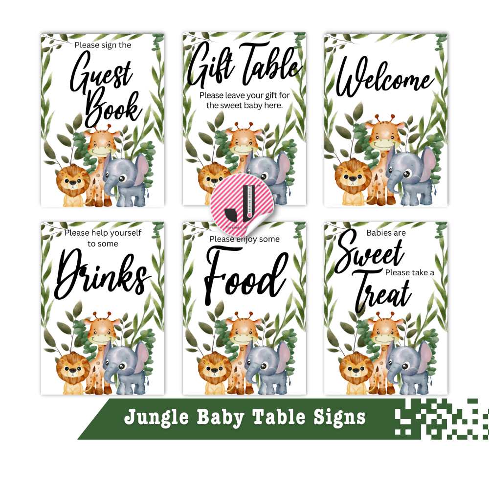 Jungle Baby Shower Table Signs, Set of 6 Printable Safari Baby Shower ...